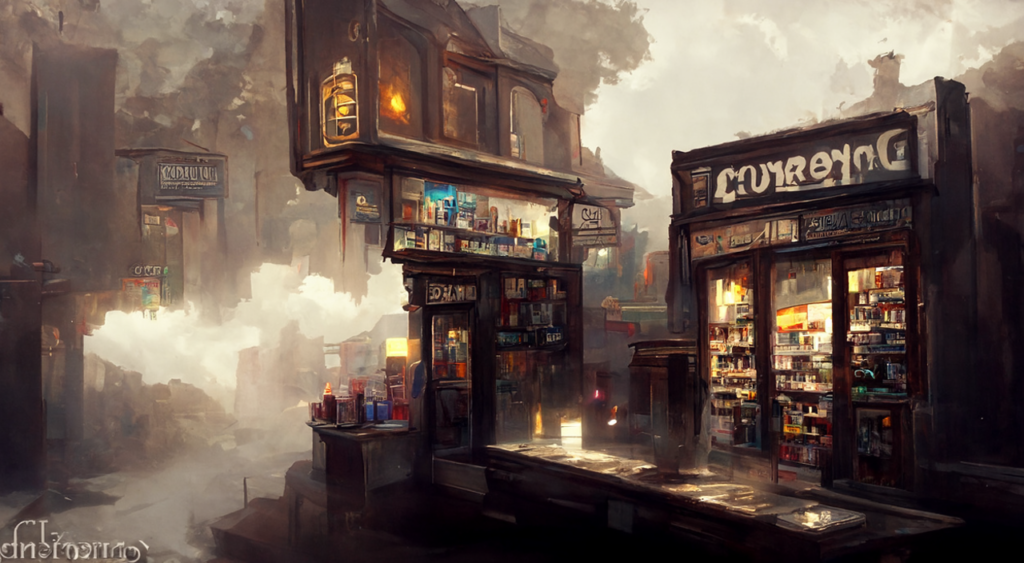 A beautiful painting of a corner drugstore in a aetherpunk city, steam ...